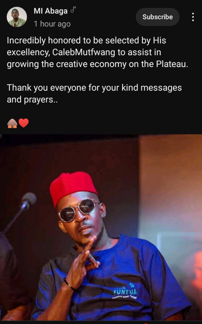 Rapper, MI Abaga Reacts To His Appointment By Plateau Gov, Caleb Mutfwang