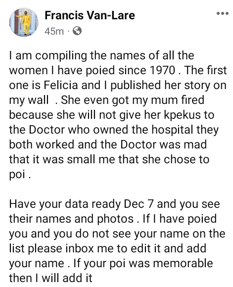 I'm Compiling Names Of All The Women I Have Slept With Since 1970 ...