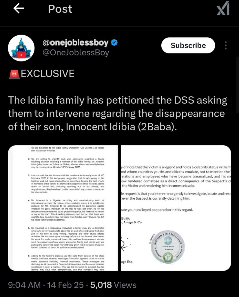 2face Idibia's Family Petitions DSS, Declares Him Missing After ...